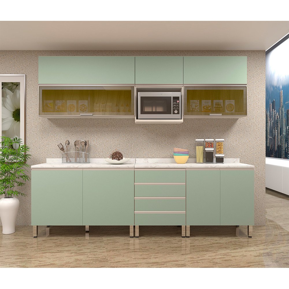 Armário de Cozinha Completa 8 Peças com Tampo Legno Crema com Verde ...