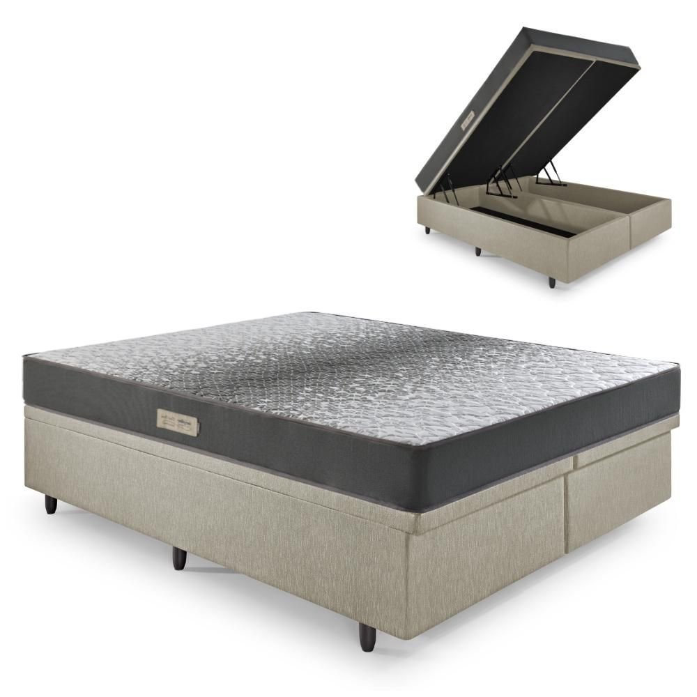 Cama Baú Casal 138x188 Bipartido Courino Linho Bege com Dual Firm Espuma Ecoflex | MadeiraMadeira