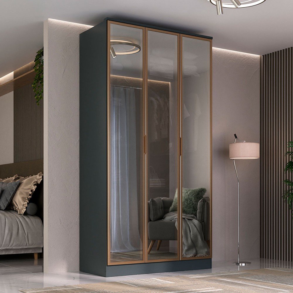 Guarda-roupa Solteiro Ravi 3 Portas Reflecta 2 Gavetas 100% Mdf Grafitto - Mambel | MadeiraMadeira