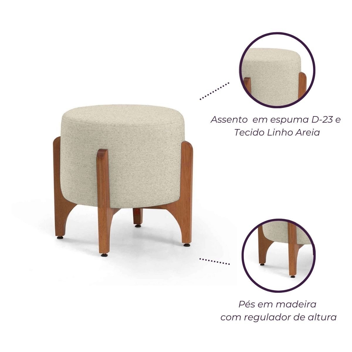 Puff Redondo Escandinavo de Madeira Linho - Areia | MadeiraMadeira