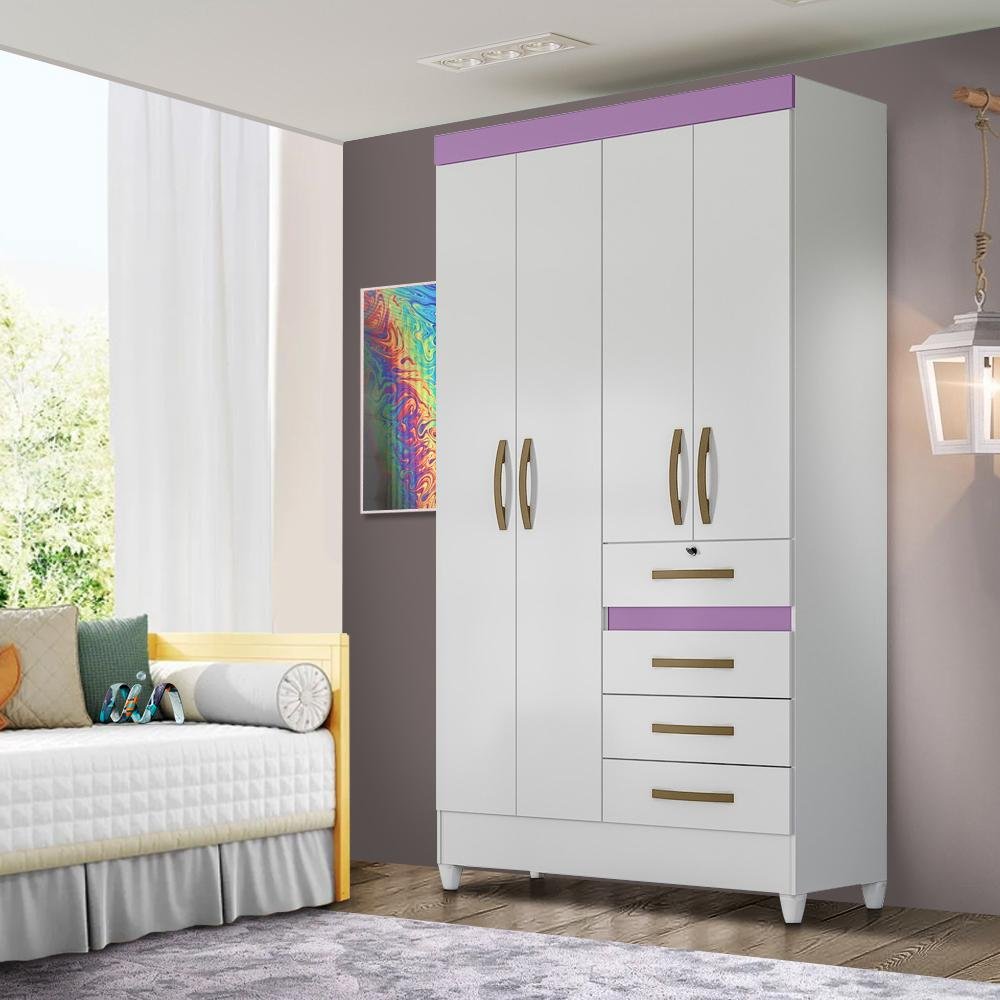Roupeiro Solteiro 4 Portas 4 Gavetas Branco Lilás Flex Silver Jm Móveis ...