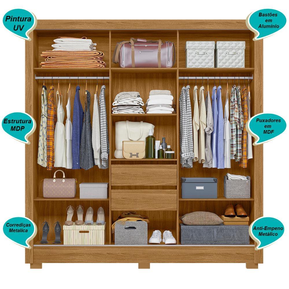 Guarda Roupa Casal 3 Portas Deslizantes com Espelho 2 Gavetas Freijo ...