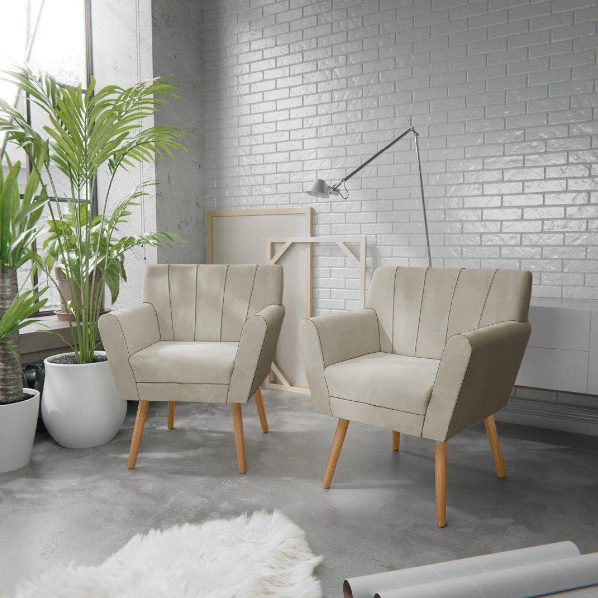 Kit 02 Poltronas Laura Pés Palito Linho Bege - ADJ Decor | MadeiraMadeira