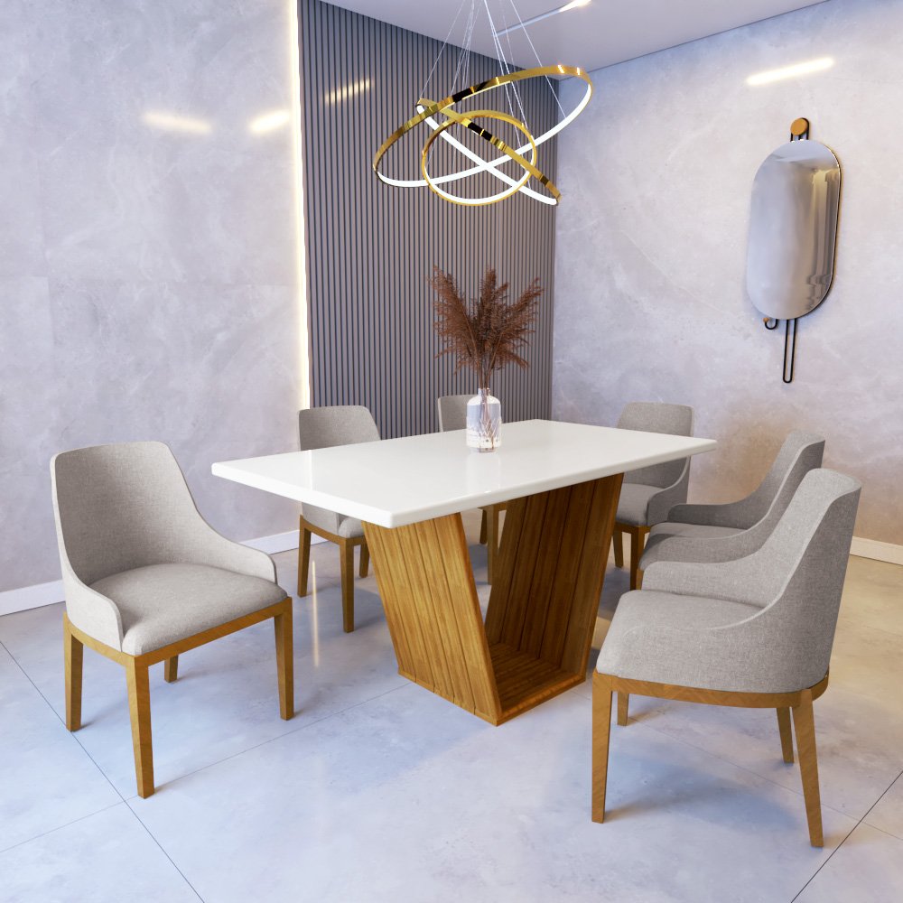 Mesa de Jantar 1,6m Safira Off White com 6 Cadeiras Elisa Linho Bege ...