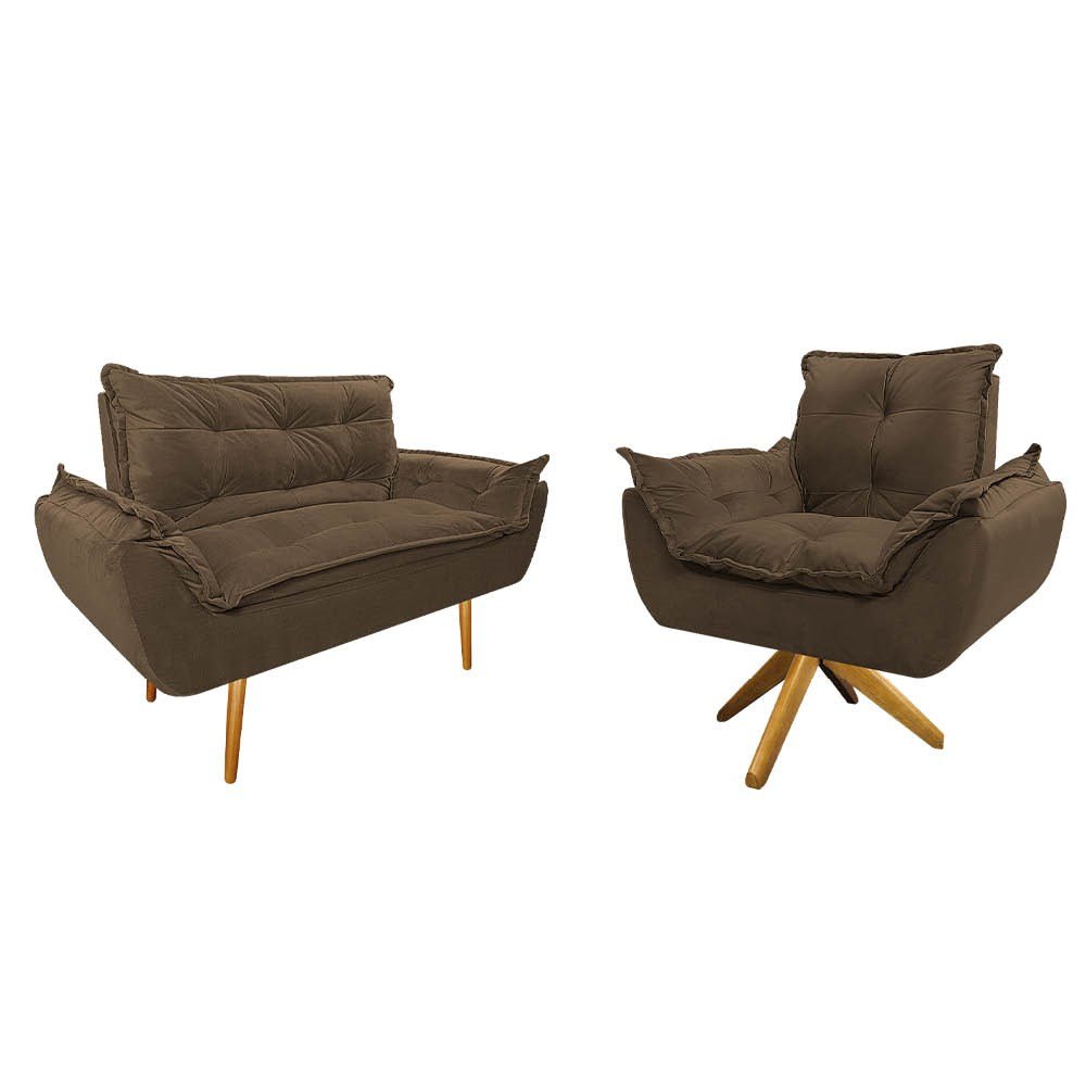 Kit Namoradeira e Poltrona Opala Base Giratória de Madeira Suede Marrom ...