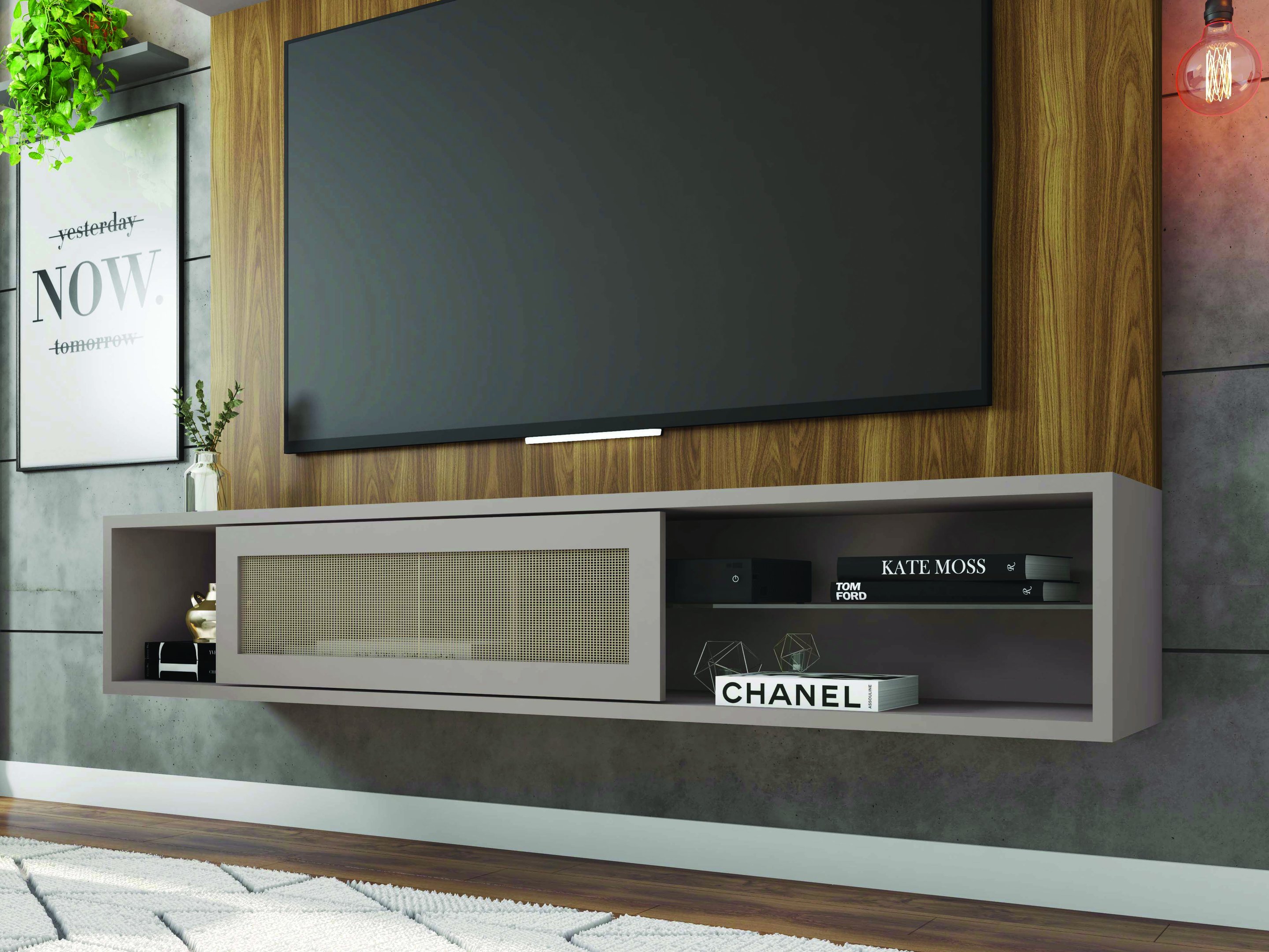 Painel Suspenso Para TV até 75" 1 Porta Prateleira Thunder Mel/Cacao ...