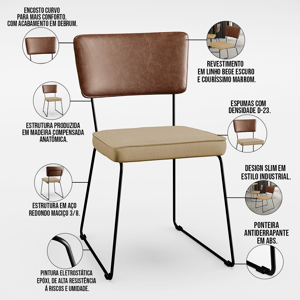 Kit 06 Cadeiras Decorativas Sala Jantar Allana L02 Couríssimo Marrom Linho Bege Escuro - Lyam ...