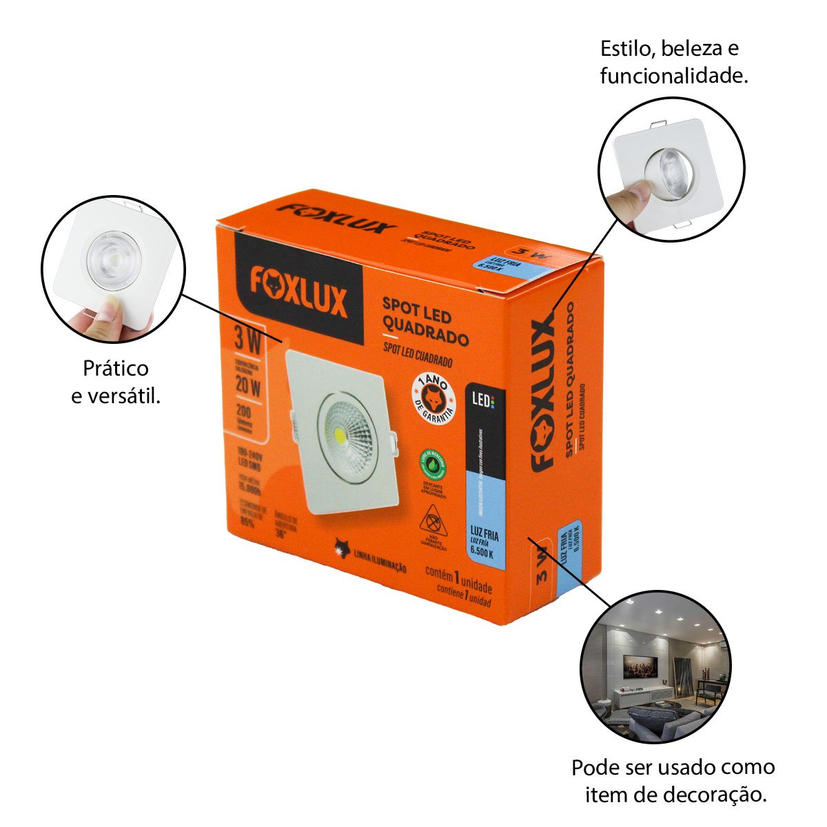 Kit 5 Luminaria Foxlux Spot Led 3W Quadrado 6500K Bivolt | MadeiraMadeira