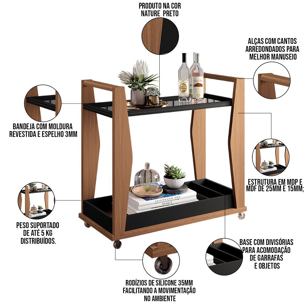 Kit 02 Carrinhos Decorativos Bar Café Multiuso B01 Belga Preto Nature - Lyam Decor Lyam Decor ...