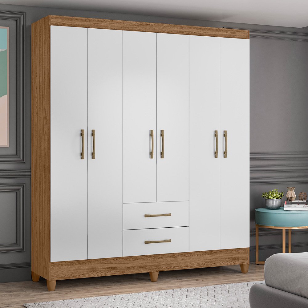 Roupeiro Casal 6 Portas 2 Gavetas Panamá - Moval:naturale/branco ...