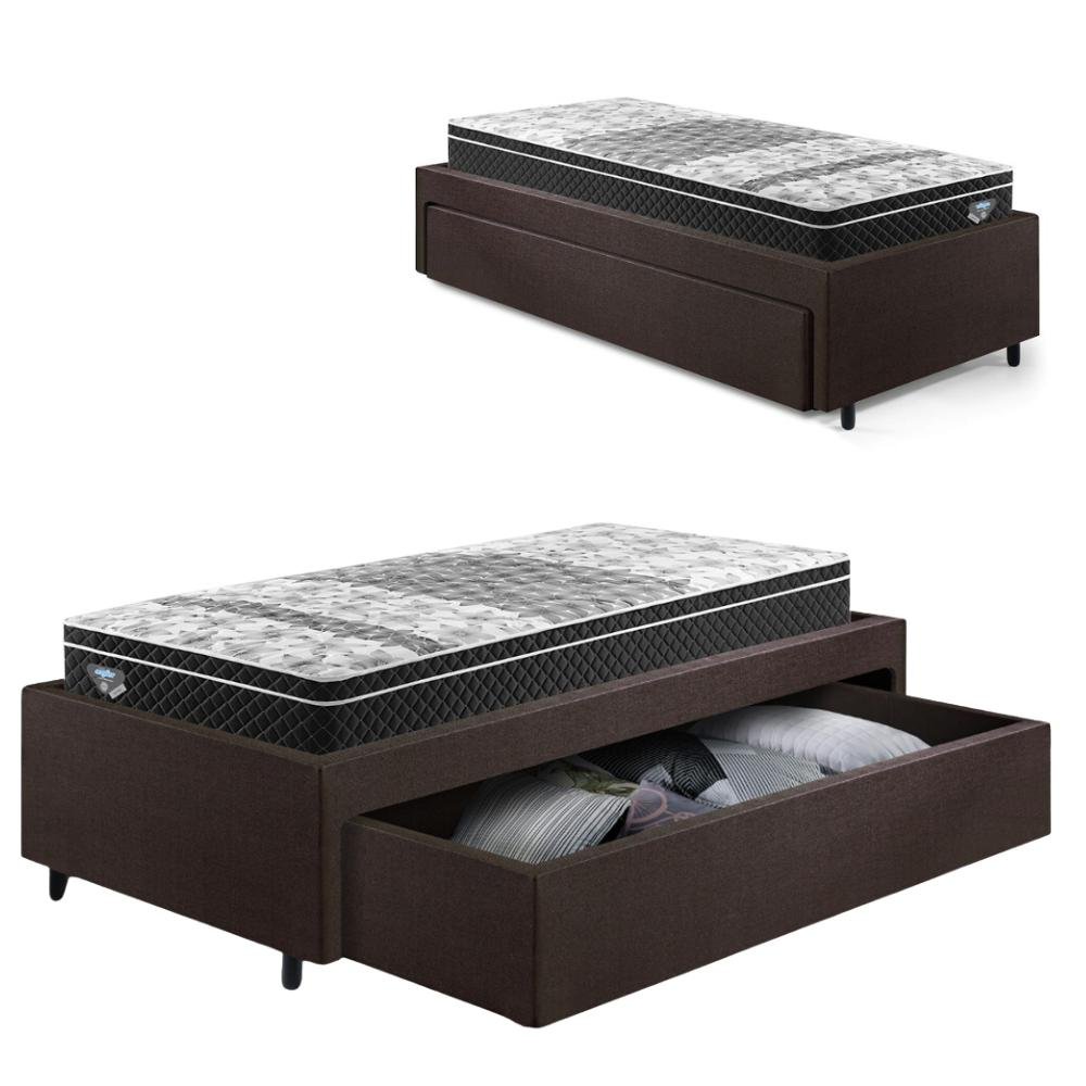 Cama Box Solteirão Courino Linho Marrom com Gaveta e Colchão Gransleep ...