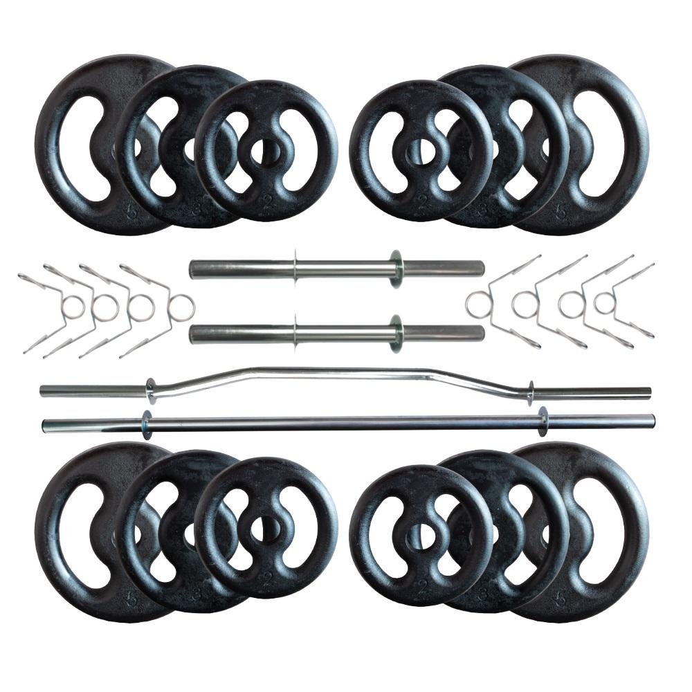 Kit 40 Kg de Anilhas Ferro + 02 Barras de 40cm + Barra W + Barra 120m ...
