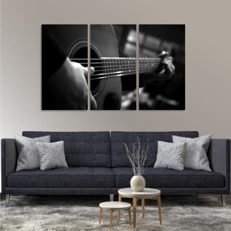 Quadro Play Violão Preto e Branco decorativo 3 Peças | MadeiraMadeira