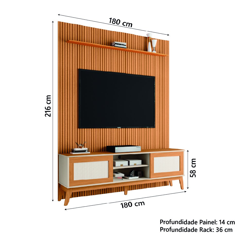 Rack Bancada Cairo com Painel para Tv até 75 Polegadas 1,80m Egeo Cedro/off White Edn ...