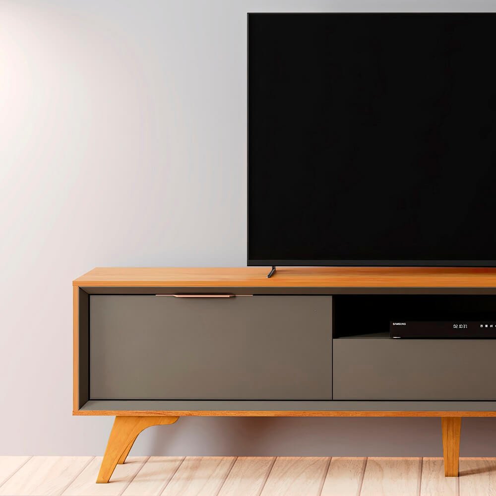 Rack para Tv 75 Polegadas com 3 Portas Gavetas Pés Madeira Maciça ...