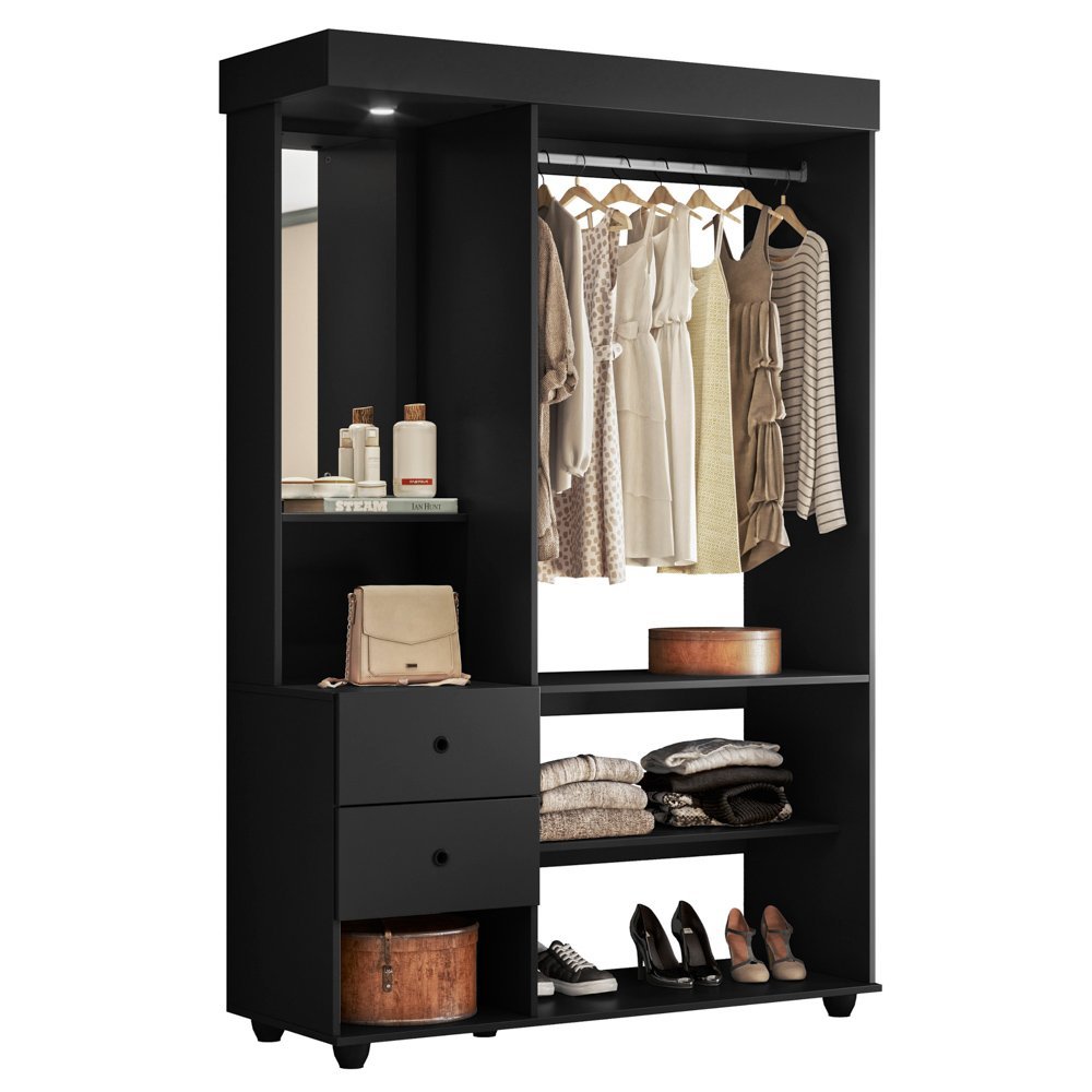 Guarda Roupa Solteiro Closet com Espelho e LED 122cm Stylish A02 Preto ...