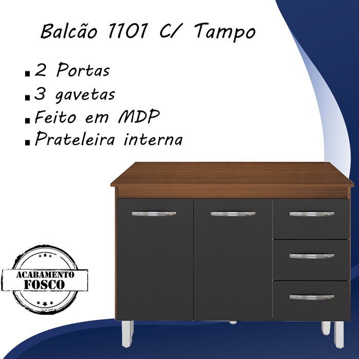 Balcao 1101 Com Tampo 3001 120cm Savana Preto Mobbs | MadeiraMadeira