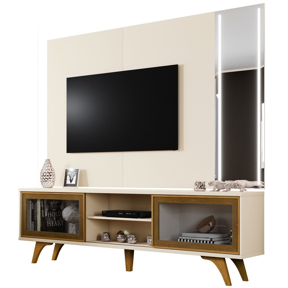 Painel e Rack Vitrum com Espelho Led 1,80m e Pés Madeira Maciça ...