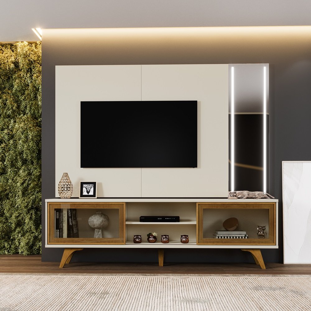 Painel e Rack Vitrum com Espelho Led 1,80m e Pés Madeira Maciça ...