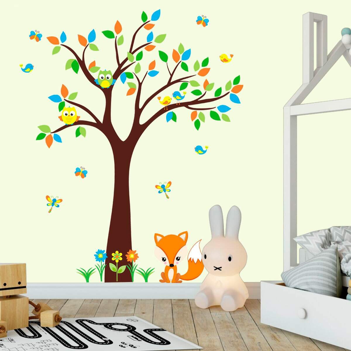 Adesivo de Parede Arvore Corujinhas e Raposinha-Grande 73x90cm | MadeiraMadeira