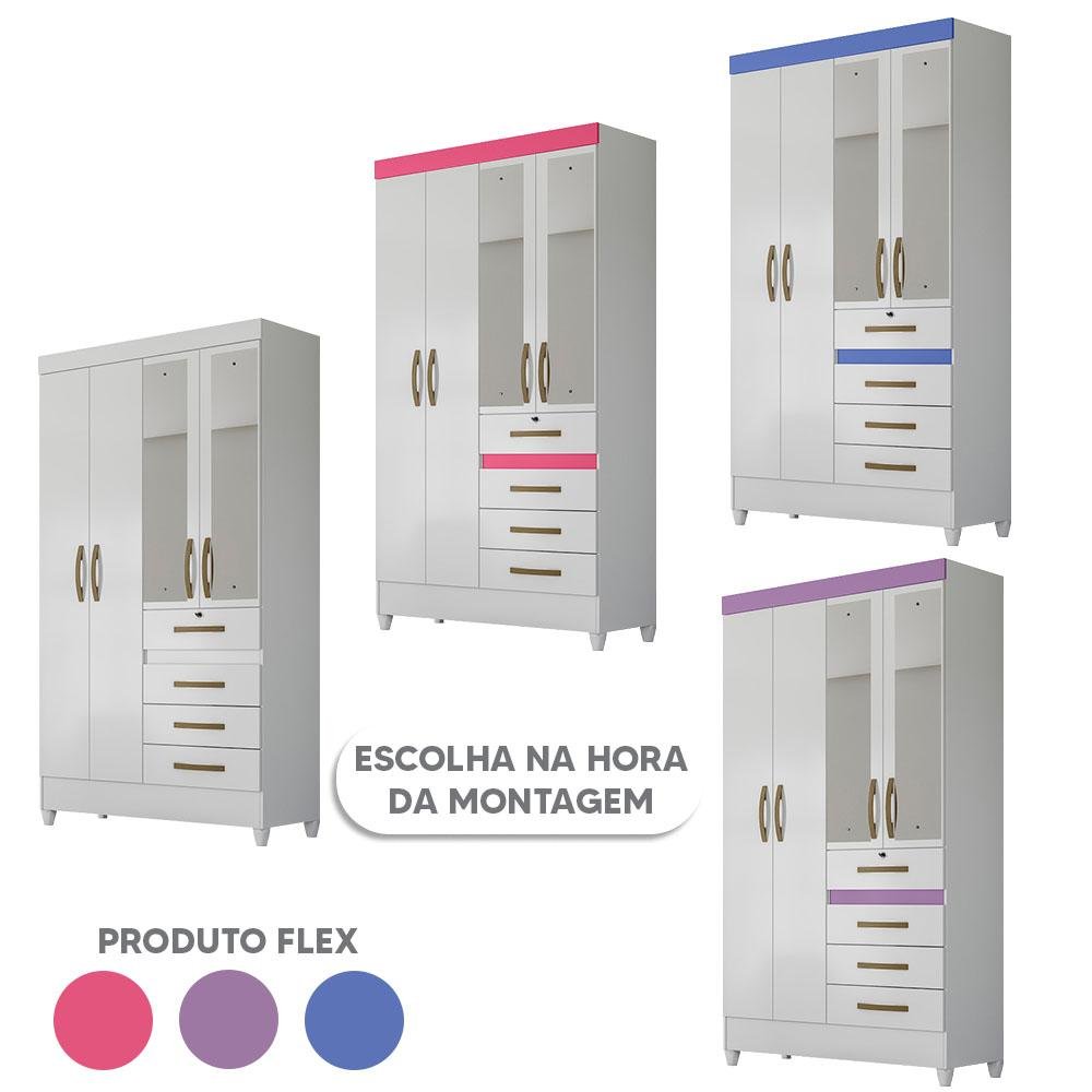 Roupeiro com Espelho Solteiro 4 Portas 4 Gavetas Branco Flex Sobral ...