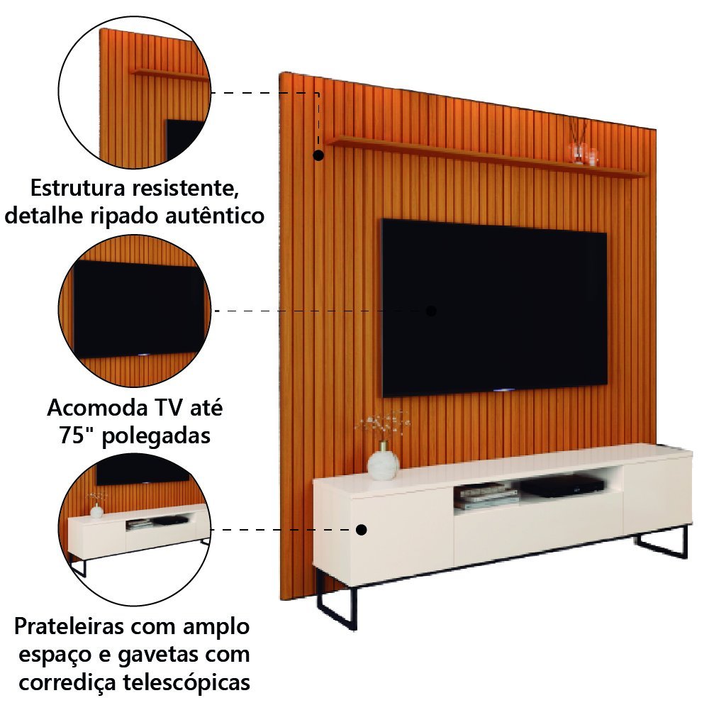 Rack Bancada Austin com Painel Ripado para Tv até 75 Polegadas 2,20m Arbo Cedro/off White Edn ...