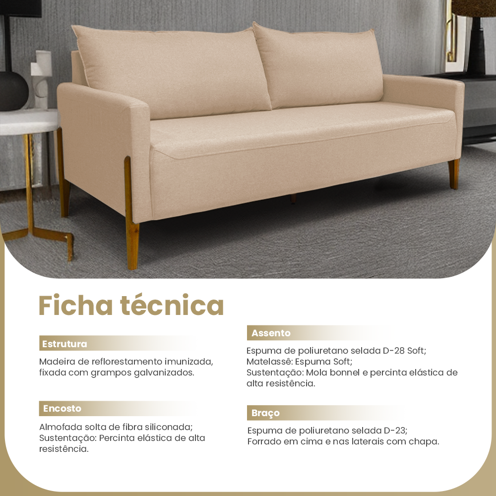 Sofá Elegance 2 Lugares 168 cm Estofado em Linho Bege | MadeiraMadeira