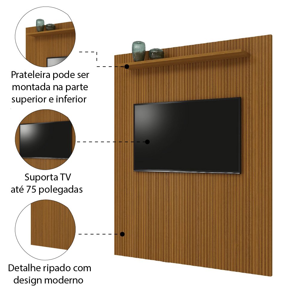 Painel Para Tv Até 75 Polegadas Ripado Impressão 3D Egeo Com Prateleira 1,80m Cedro EDN ...