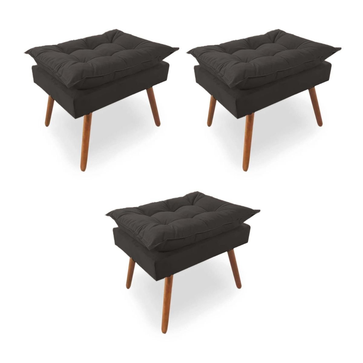 Kit 3 Puffs Opala Pés Palito Veludo Grafite - Kimi Design | MadeiraMadeira