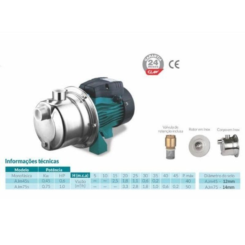 Motobomba Claw AJm45sl - Autoaspirante Inox - 1/2CV - 110/220V - 220v | MadeiraMadeira