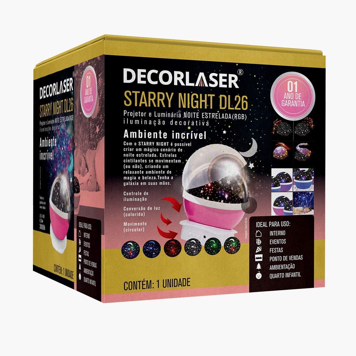 LUMINARIA ABAJUR GIRA PROJETOR ESTRELAS LED STARRY NIGHT RGB Cor:Rosa | MadeiraMadeira