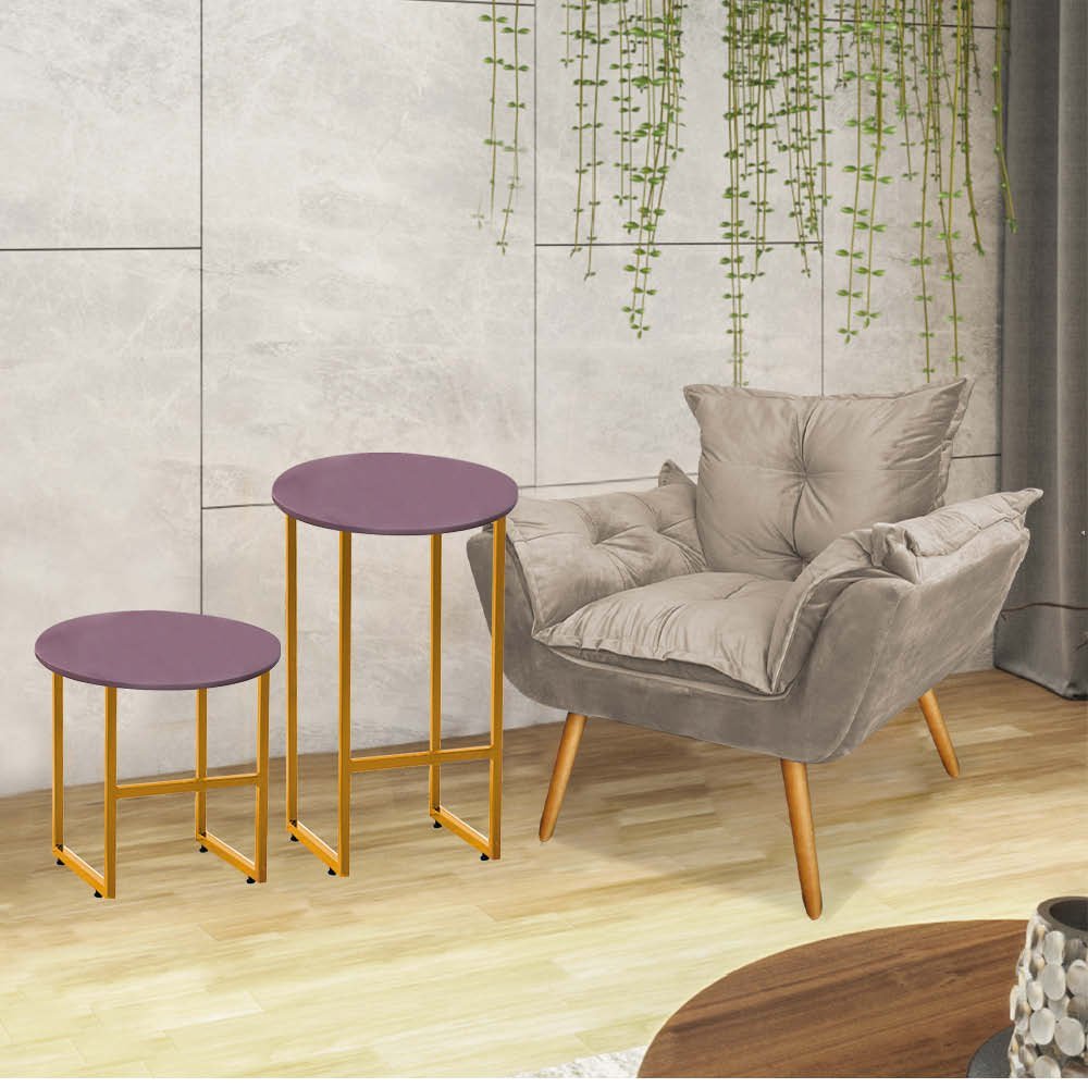 Kit Poltrona Opala com 2 Mesas Will Ferro Dourado Tampo Redondo Rose ...