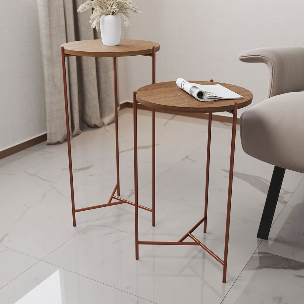 Mesa Lateral Redonda Áquila Cobre e Tampo Imbuia | MadeiraMadeira