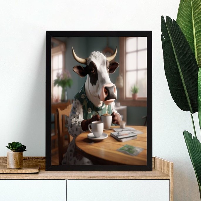 Quadro Decorativo Vaca Tomando Café 33x24cm:moldura Preta | MadeiraMadeira