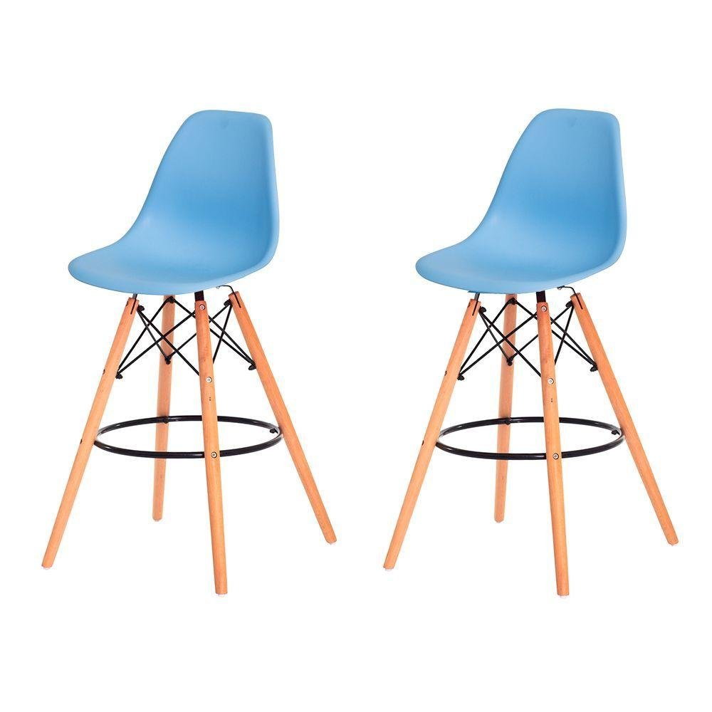 Kit 2 Banquetas Alta Azul Claro Base Madeira Cozinha Bar | MadeiraMadeira