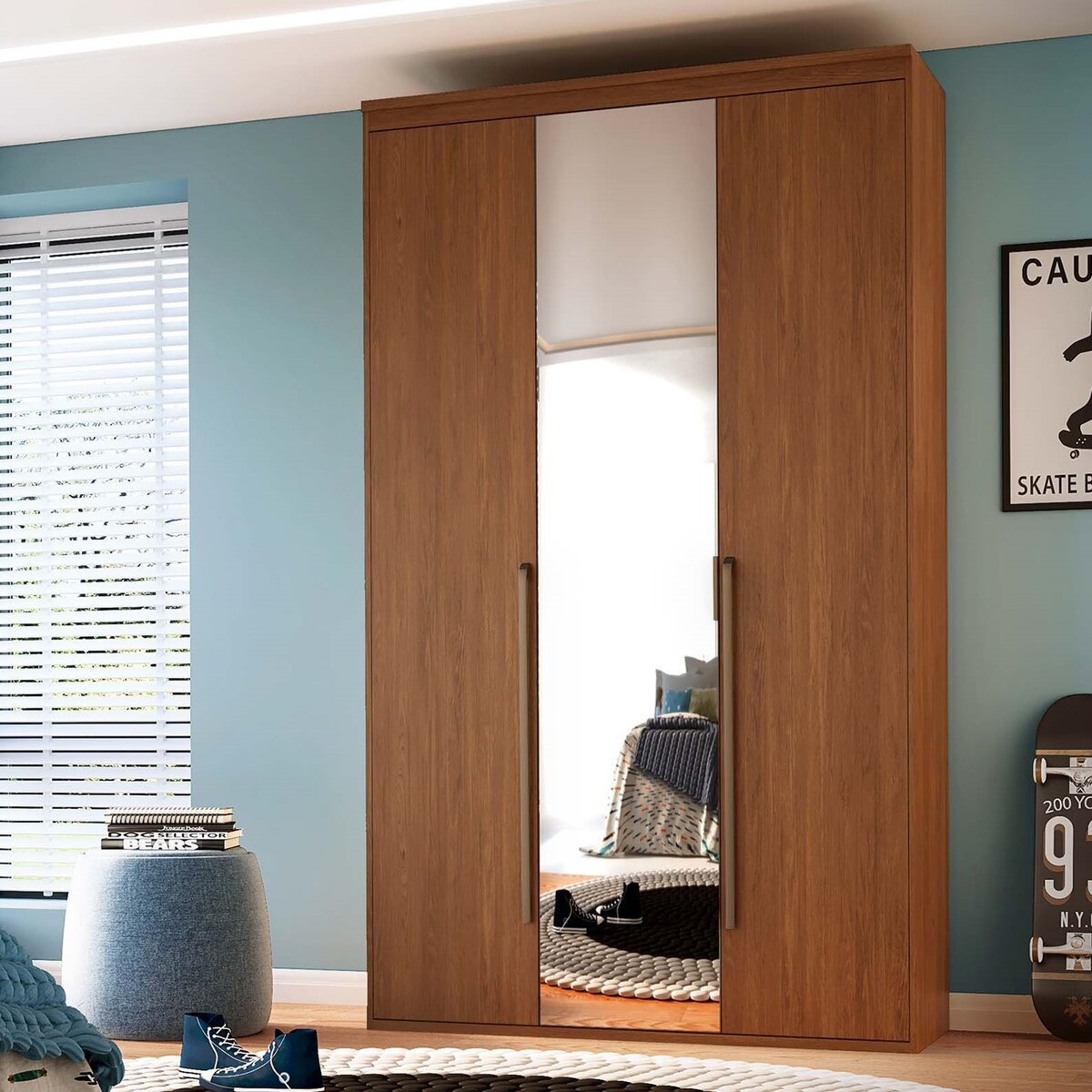 Guarda Roupa Solteiro com Espelho 3 Portas 3 Gavetas MDF Originale ...