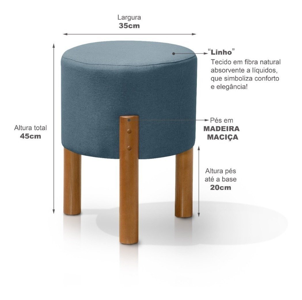 Puff Banquinho Decorativo Redondo em Linho Luxo Pés Madeira Maciça Thor ...