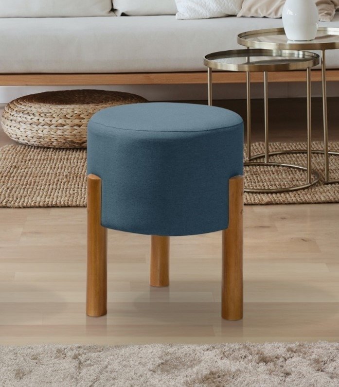 Puff Banquinho Decorativo Redondo em Linho Luxo Pés Madeira Maciça Thor ...