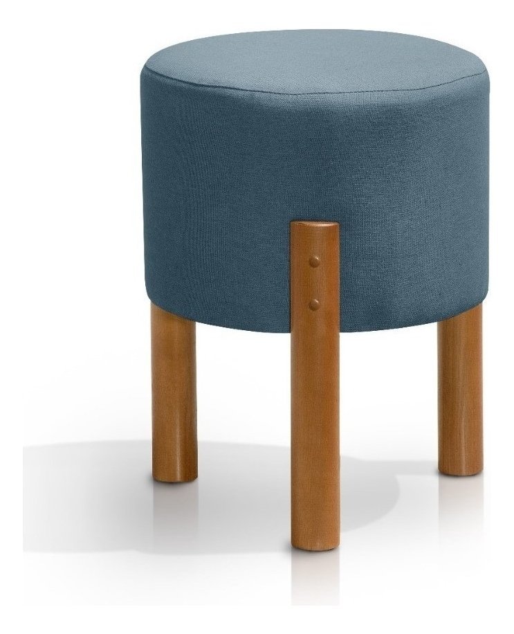 Puff Banquinho Decorativo Redondo em Linho Luxo Pés Madeira Maciça Thor ...