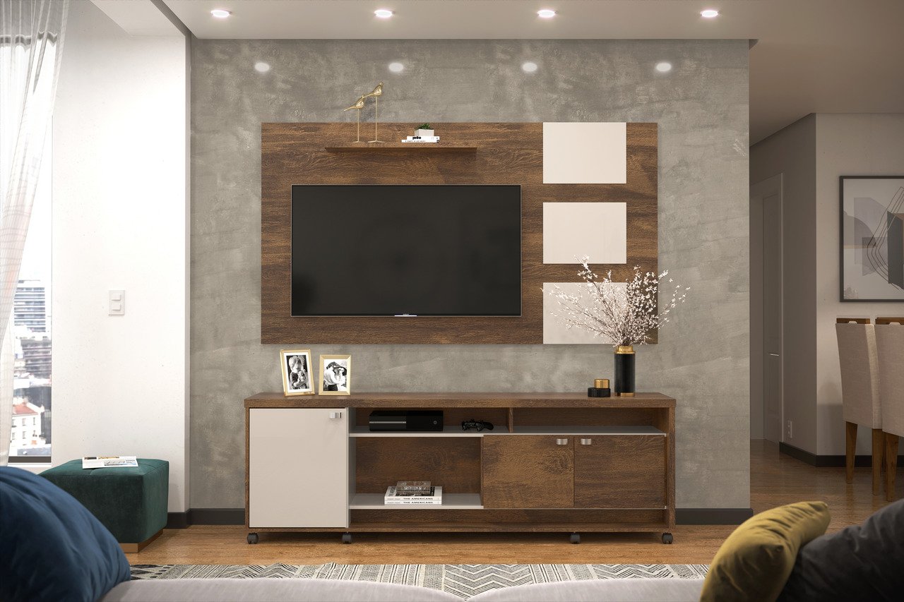 Rack Dallas com Painel Grécia Canela com Off White - Lukaliam Móveis ...