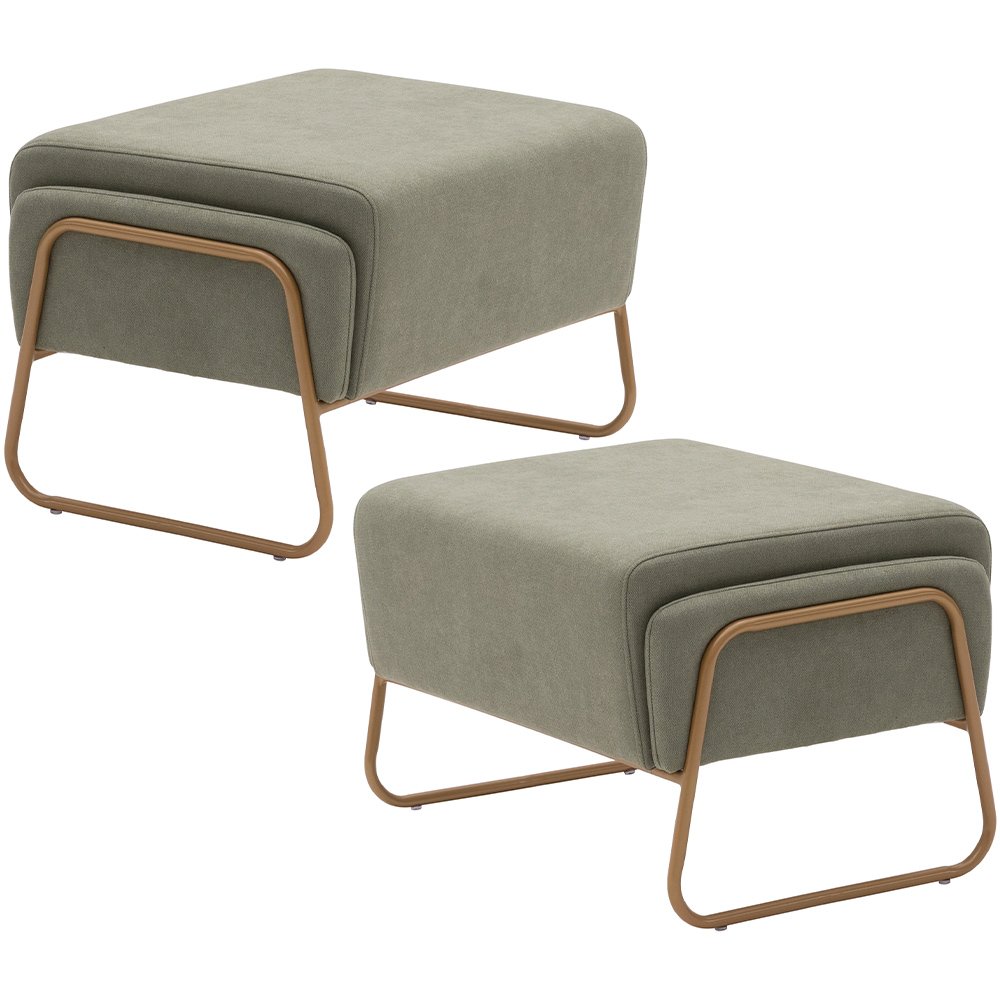 Kit 02 Puffs Decorativo Fixo Base Aço Ouro Fosco Ivory C06 Linho Oliva ...