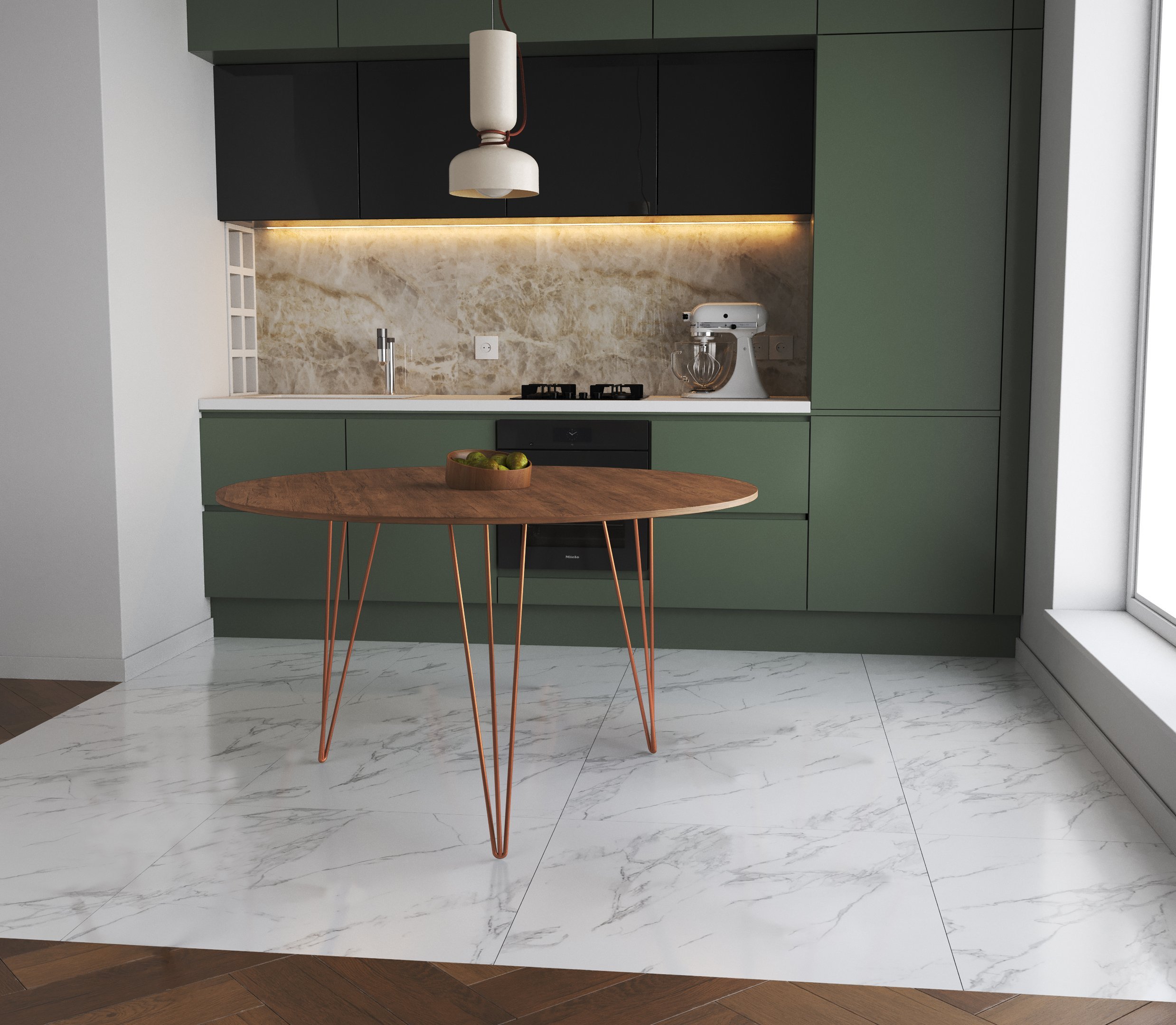 Mesa de Jantar Redonda 110cm Amêndoa Clips 3 Pés Ferro Cobre ...