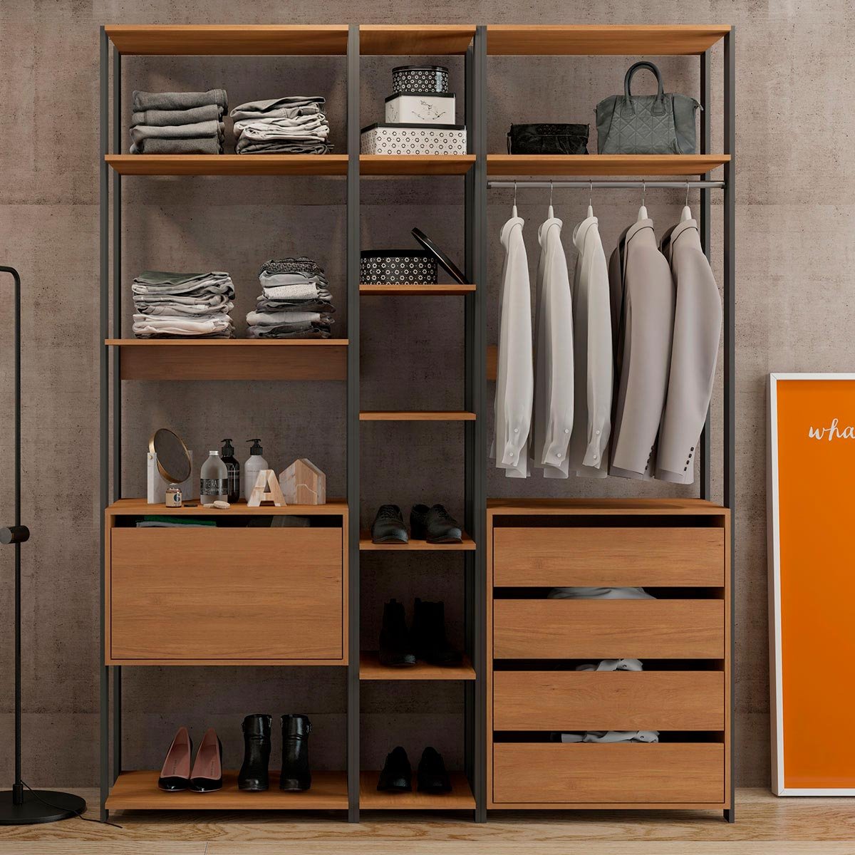 Guarda Roupa Closet Aberto Modulado Estilo Industrial Carvalho/Cinza ...
