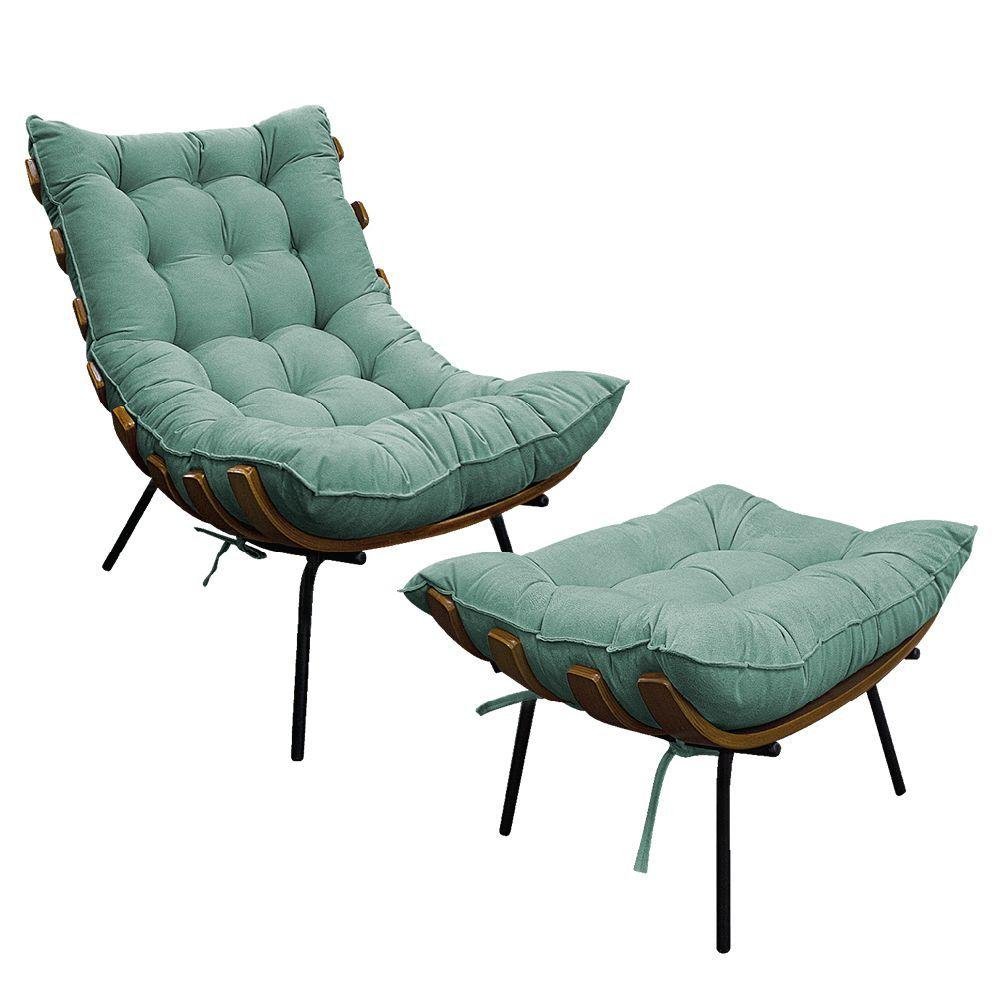 Kit Poltrona E Puff Costela Base Fixa Linho Cor Azul Turquesa ...