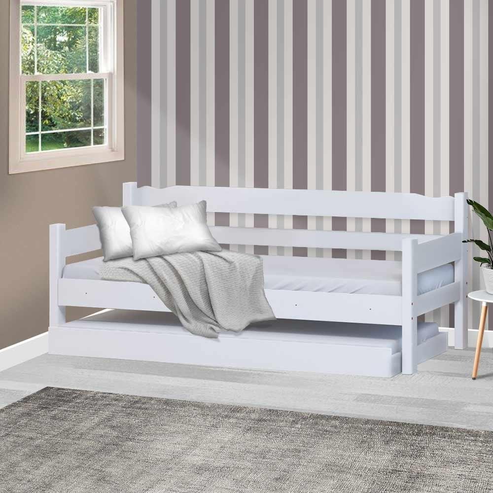 Bicama Solteiro De Madeira Maciça Com Cama Auxiliar Nemargi Branco ...