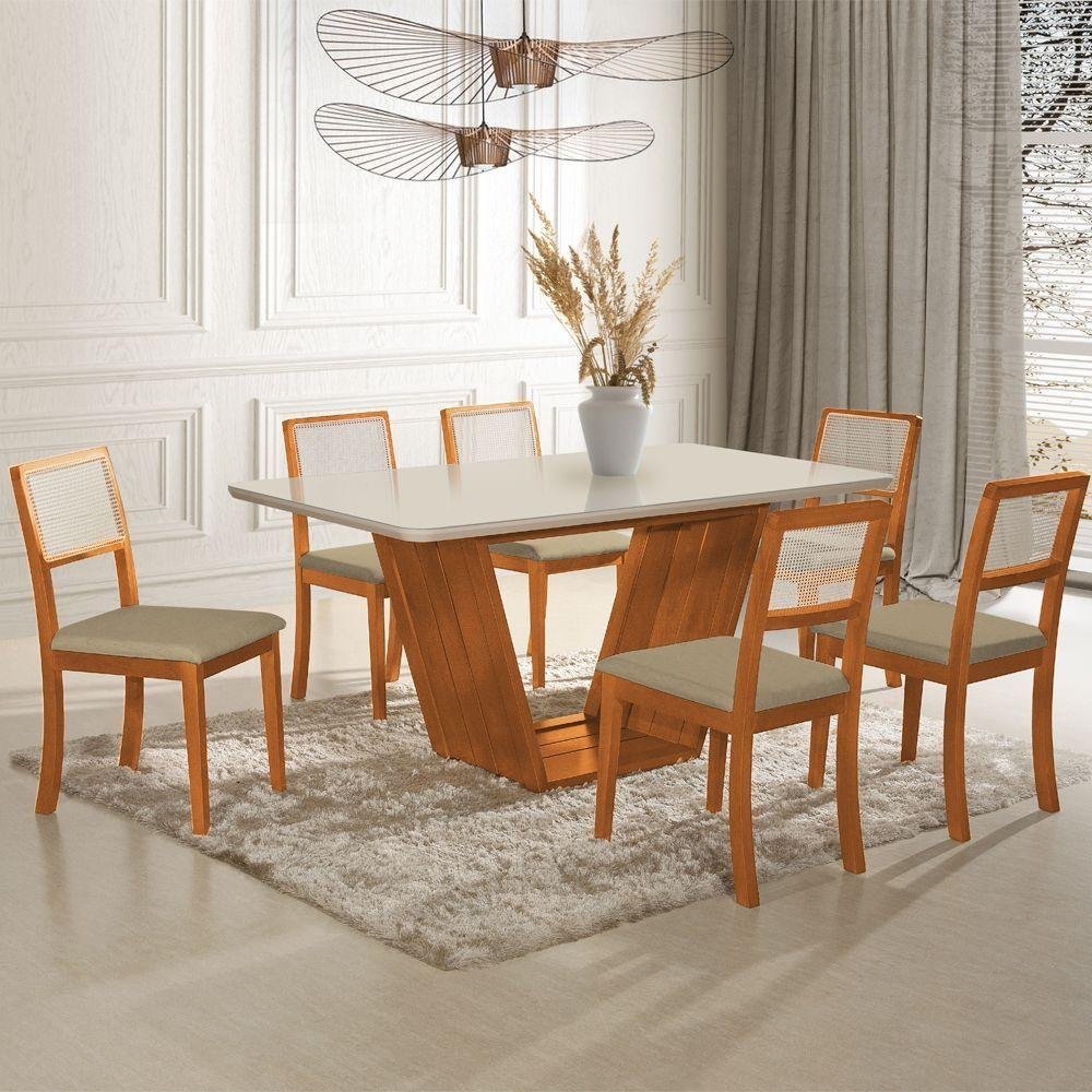 Mesa Jantar Safira 160x90 Off White com 6 Cadeiras Palha em Veludo Bege ...