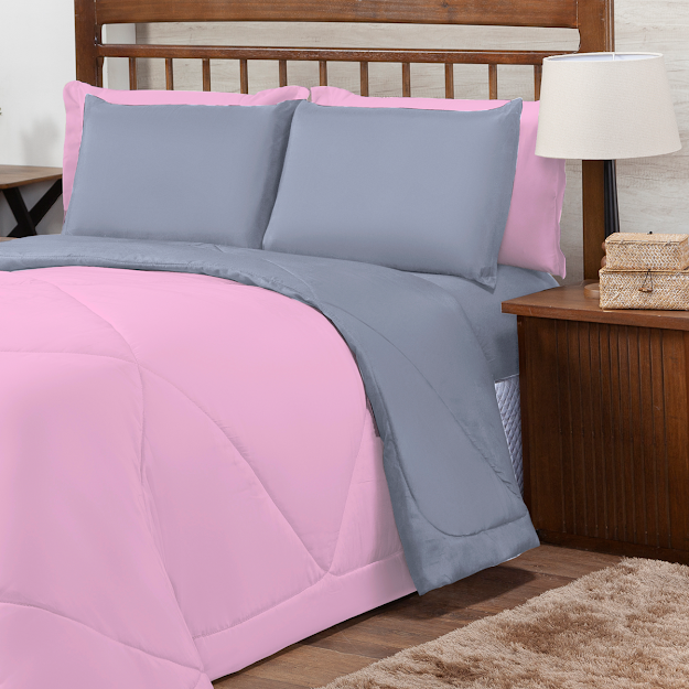 Kit Edredom Casal Queen 3 Peças Margarida Cama Box:rosa e Cinza ...