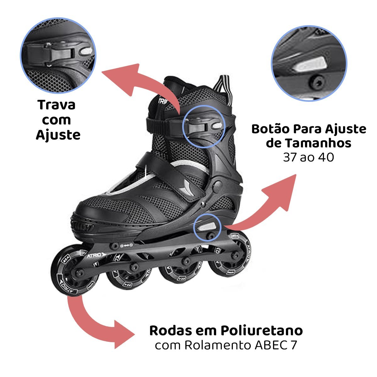 Patins 4 Rodas Inline Para Adulto Ajustável 37 ao 40 Rolamento ABEC 7 Atrio - Preto e Cinza ...