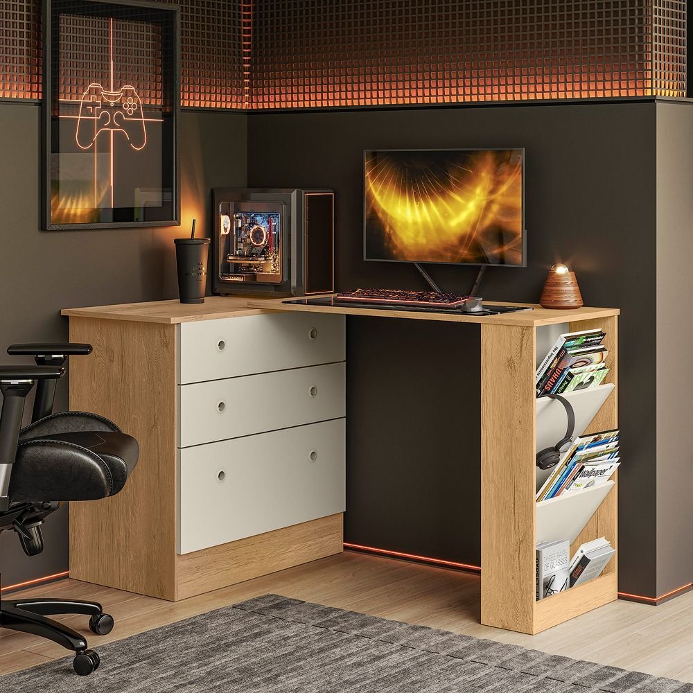 Cômoda com Mesa Giratória Gamer - Dritex:freijo/off White | MadeiraMadeira