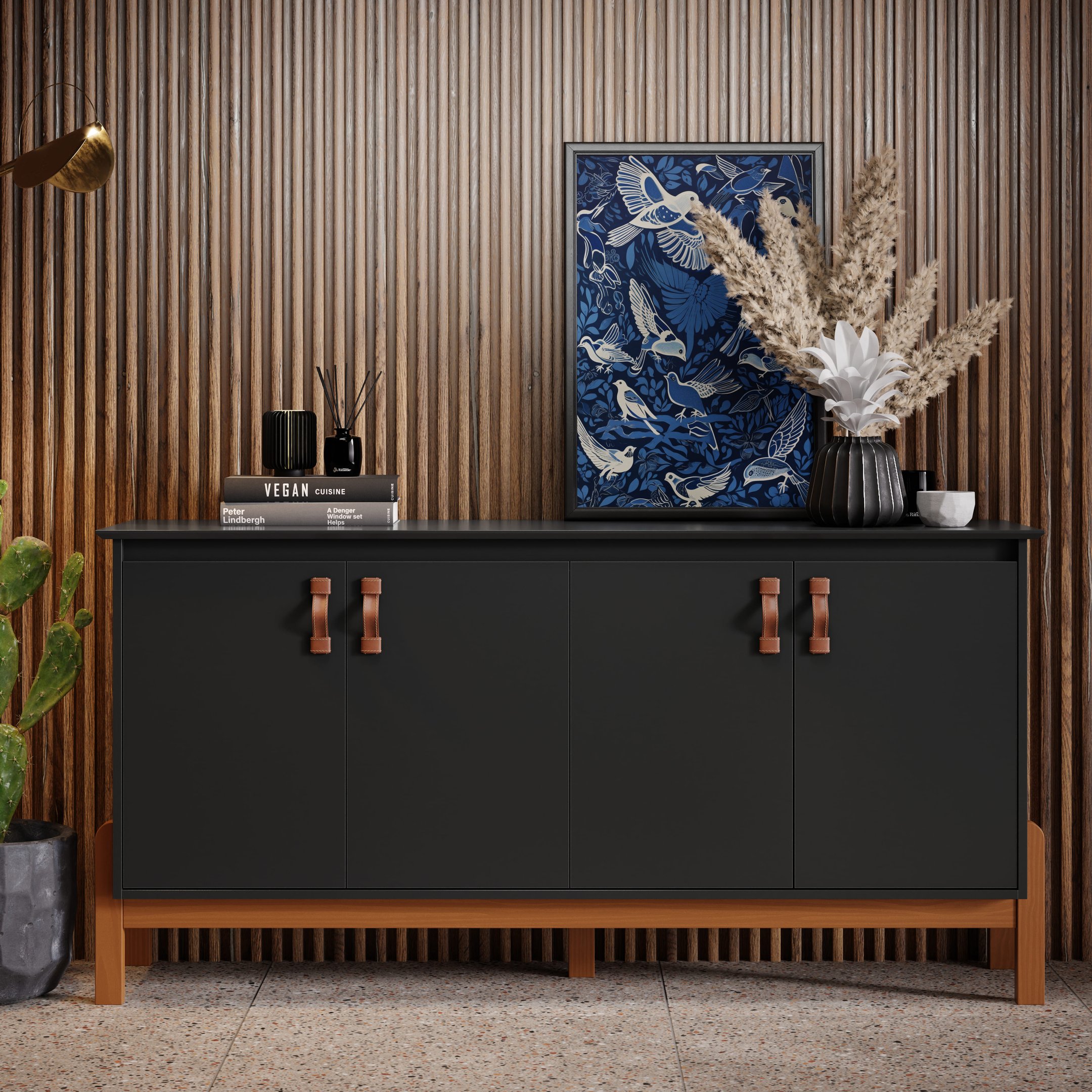 Buffet Aparador Balcão com Puxador em Couro para Sala Jantar Estar 4 ...